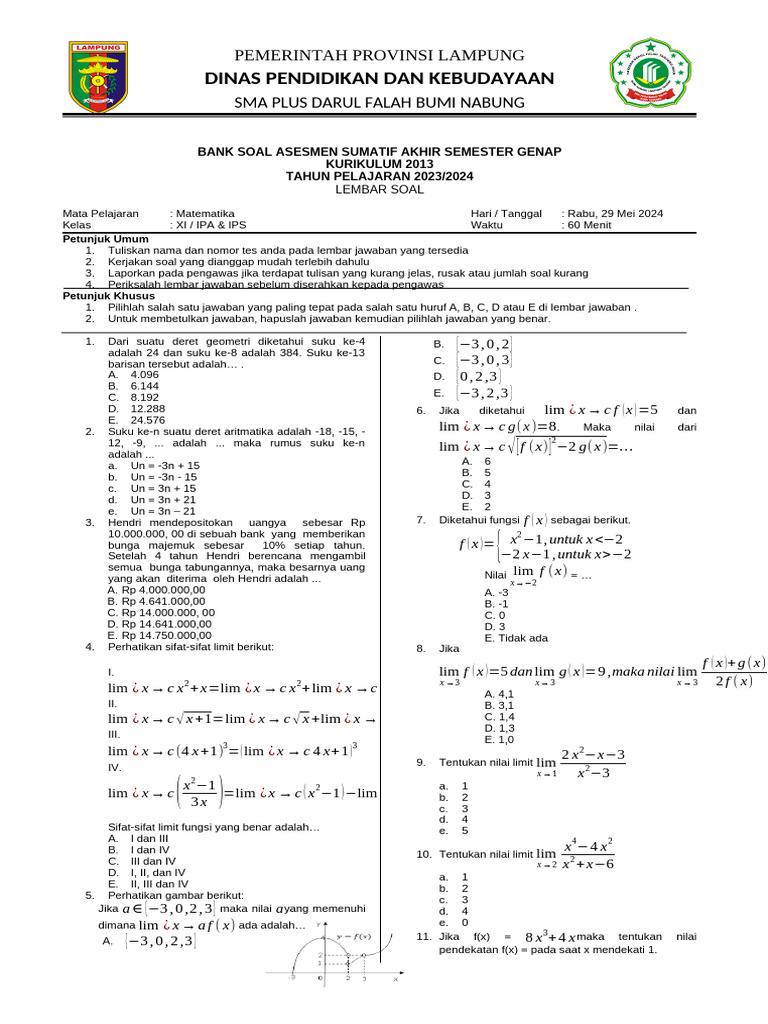 Soal_Mat (Wajib)_ASAS Genap 2024_Kls XI_K13 | PDF