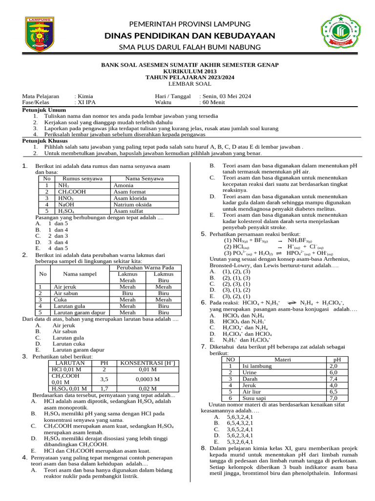 Soal_Kimia_ASAS Genap 2024_Kls XI_K13 | PDF