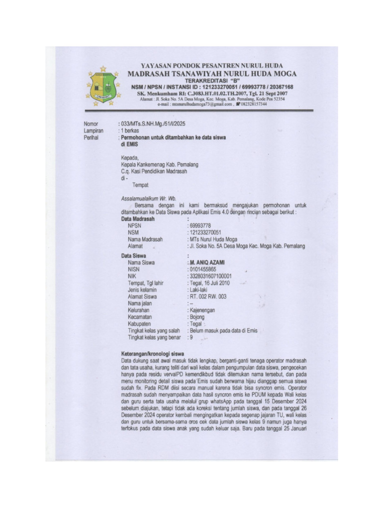 Surat Permohonan Untuk Ditambahkan Ke Data Siswa Di Emis Soft | PDF
