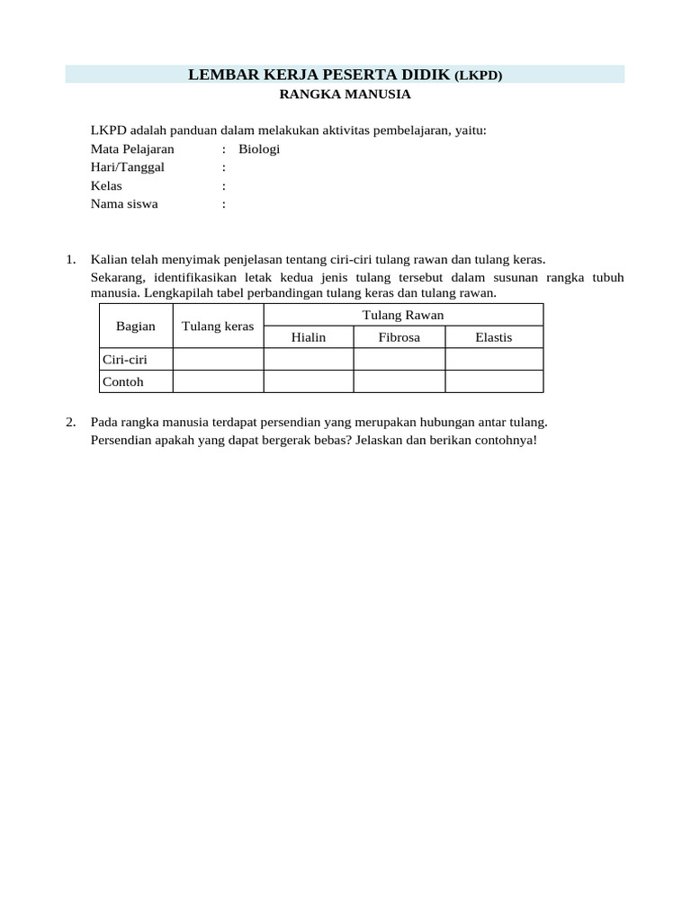 LKPD Sistem Rangka Manusia | PDF