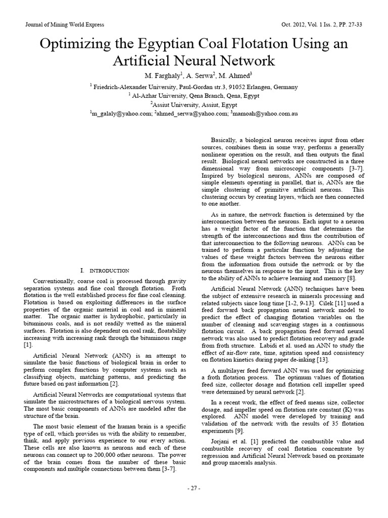 Optimizing_the_Egyptian_Coal_Flotation_U | PDF | Artificial Neural Network | Applied Mathematics