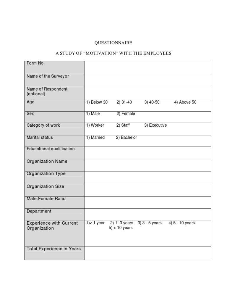 Questionnaire A Study of "Motivation" With The Employees: Form No | PDF ...