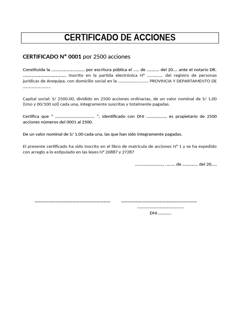 Modelo Certificado de Acciones | PDF