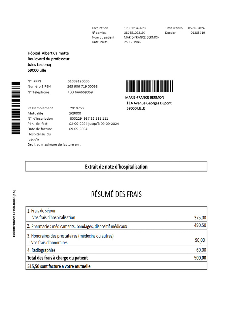 Facture d'hospitalisation - Marie-France Bermon | PDF
