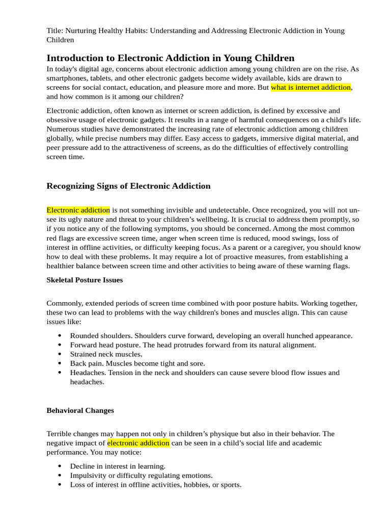 Dangers of Electronic Addiction For Young Children | PDF | Headache ...
