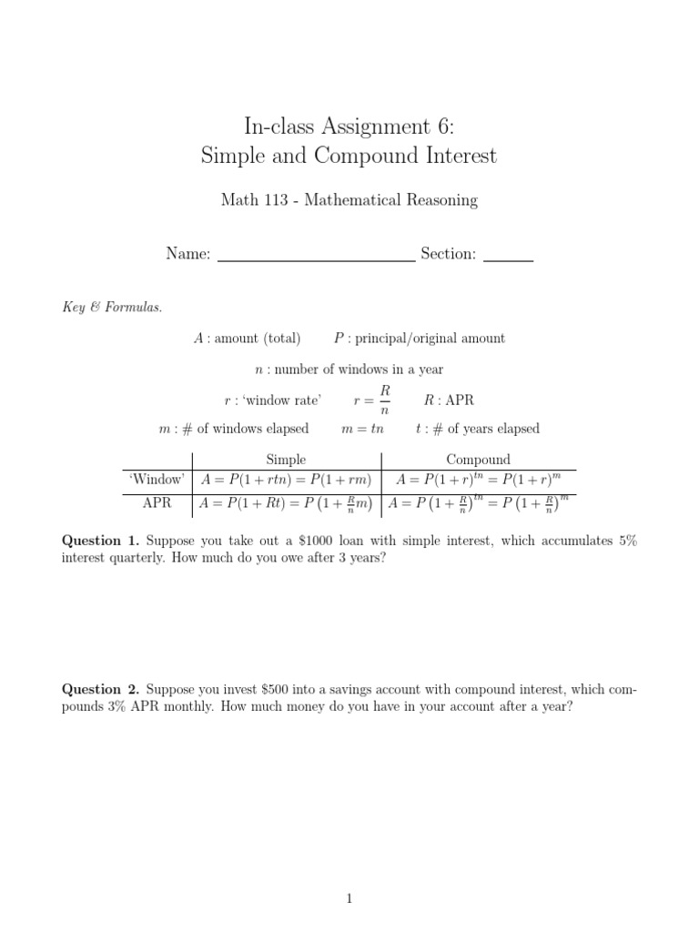 In-Class Assignment 6 Simple and Compound Interest | PDF