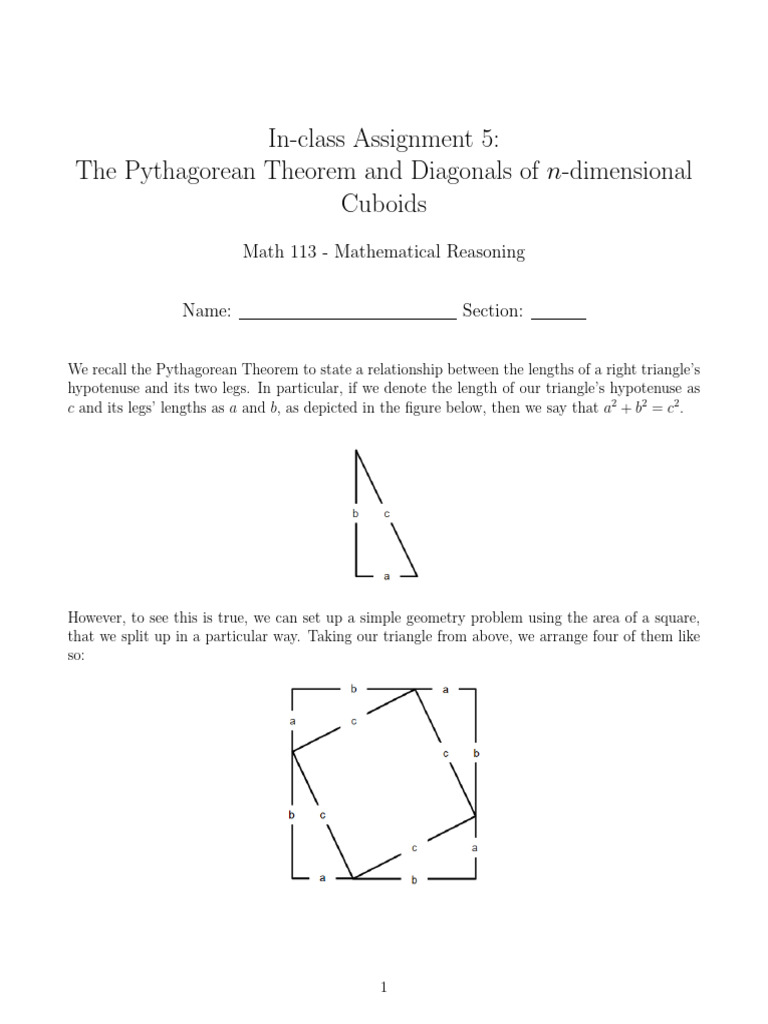 In-Class Assignment 5 The Pythagorean Theorem and Diagonals of N-Dimensional Cuboids | PDF ...