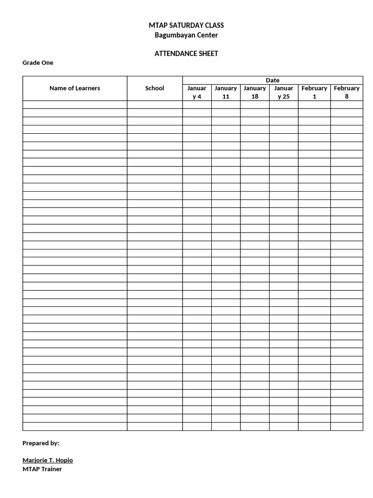 Grade 1 MTAP Attendance Sheet | PDF