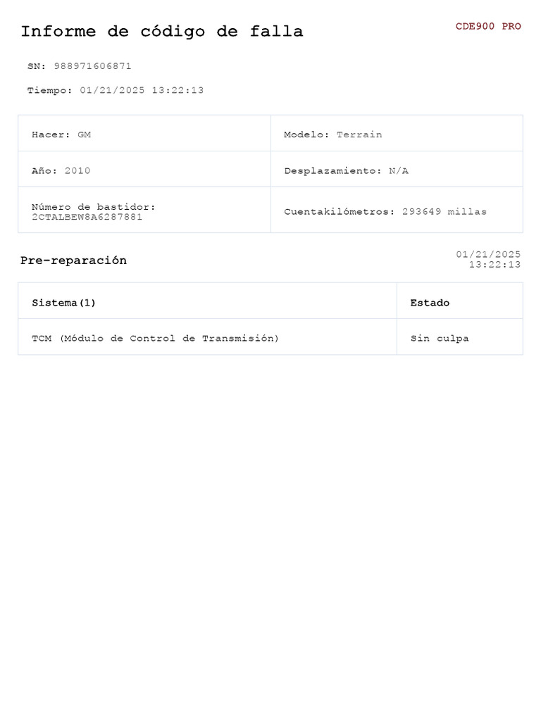 GM Pre-Reparación 2CTALBEW8A6287881 Informe de Código de Falla 20250121132213 | PDF