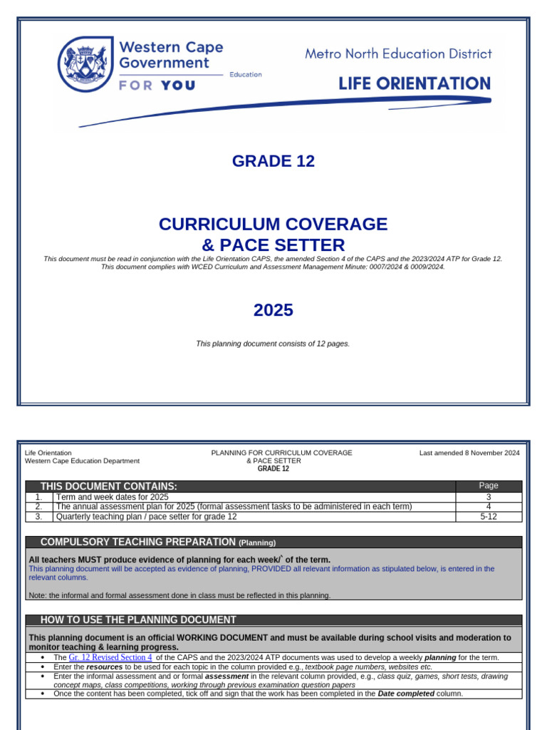 Grade 12 Life Orientation Pace Setter 2025 | PDF | Stress (Biology ...
