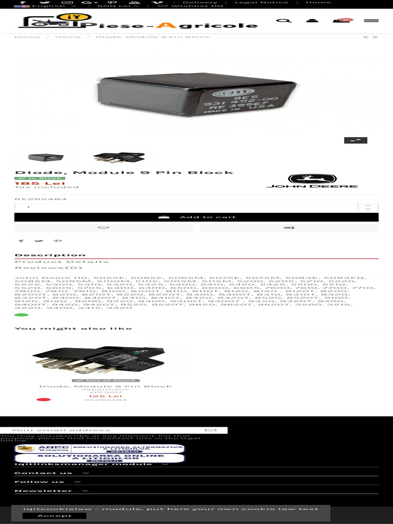 Diode, Module 9 Pin Block RE153894, RE262484, RE39967, Hella 8ES931452 ...