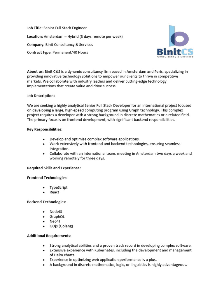 BinitC&S - Senior Full Stack Engineer Job Description | PDF | Computer Programming | Computer ...
