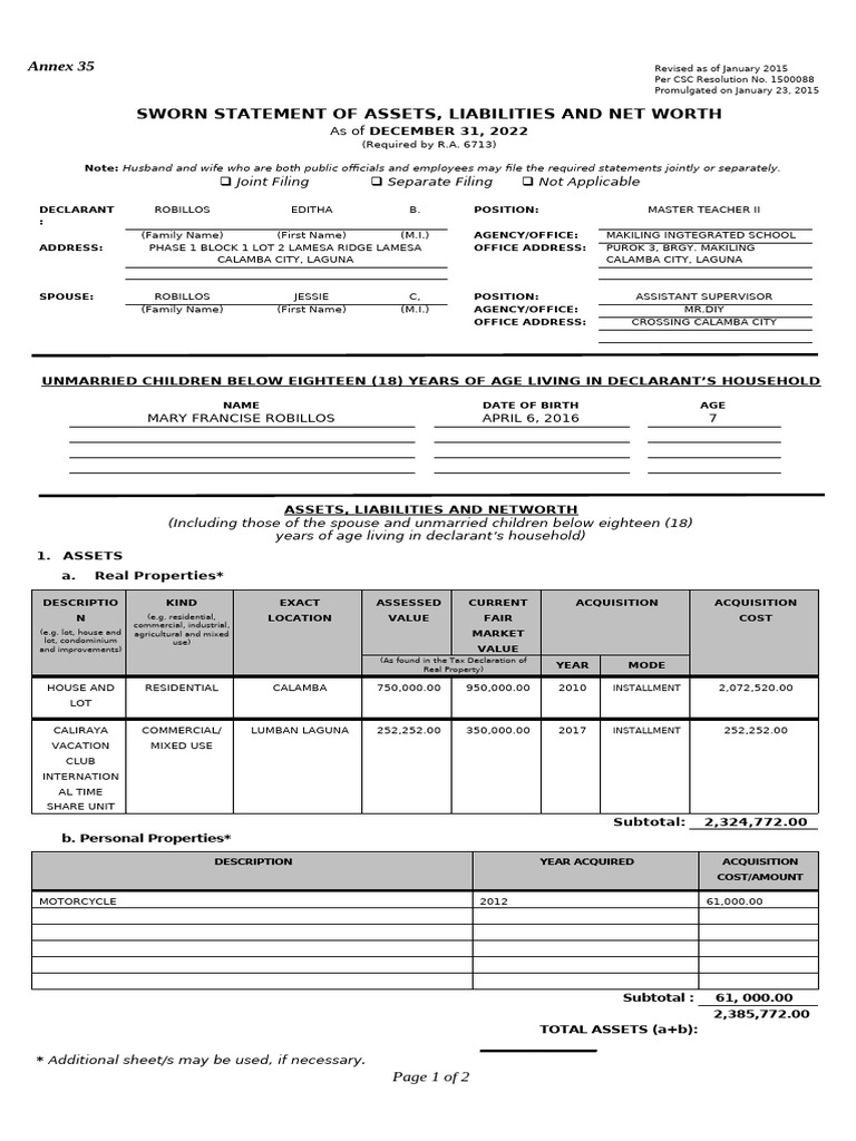 2015 SALN Form BLANK 1 Annex 35 For Saln 2024 1 2024 | PDF | Identity ...