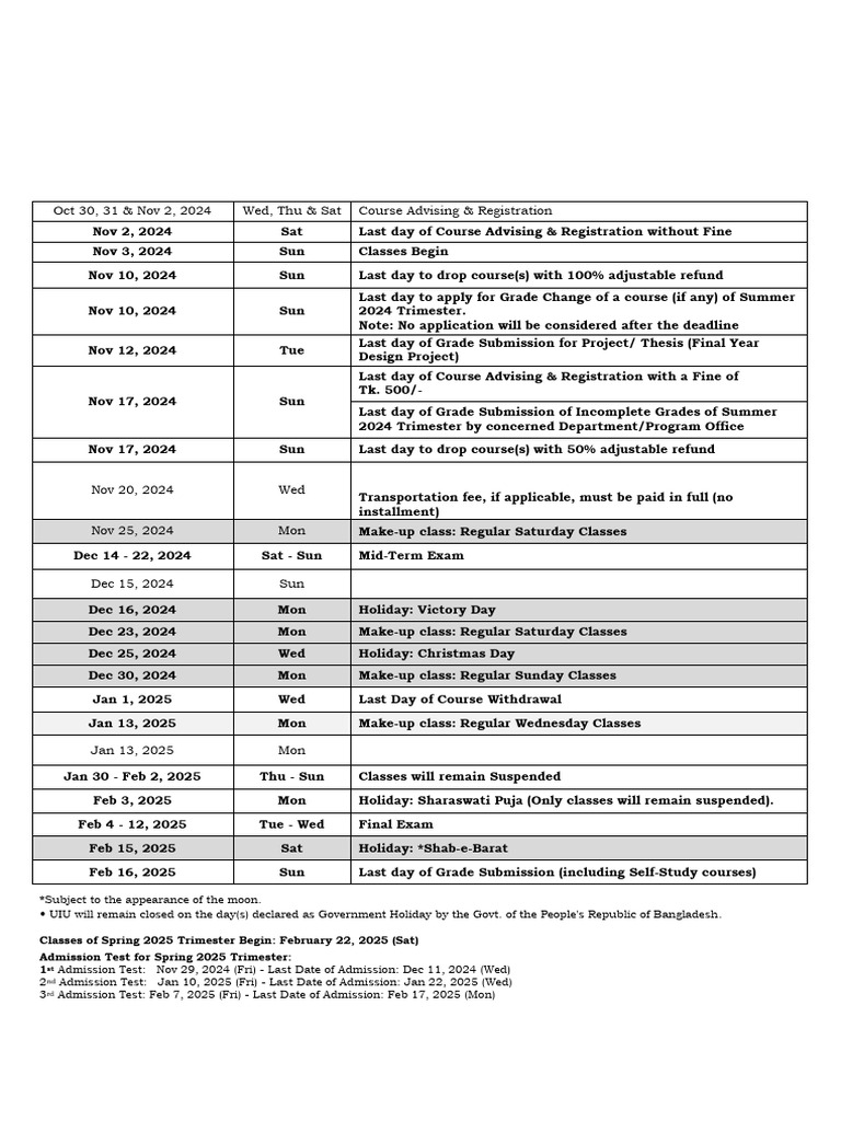 UIU Spring 2025 Admission & Calendar | PDF | Academic Term | Academia