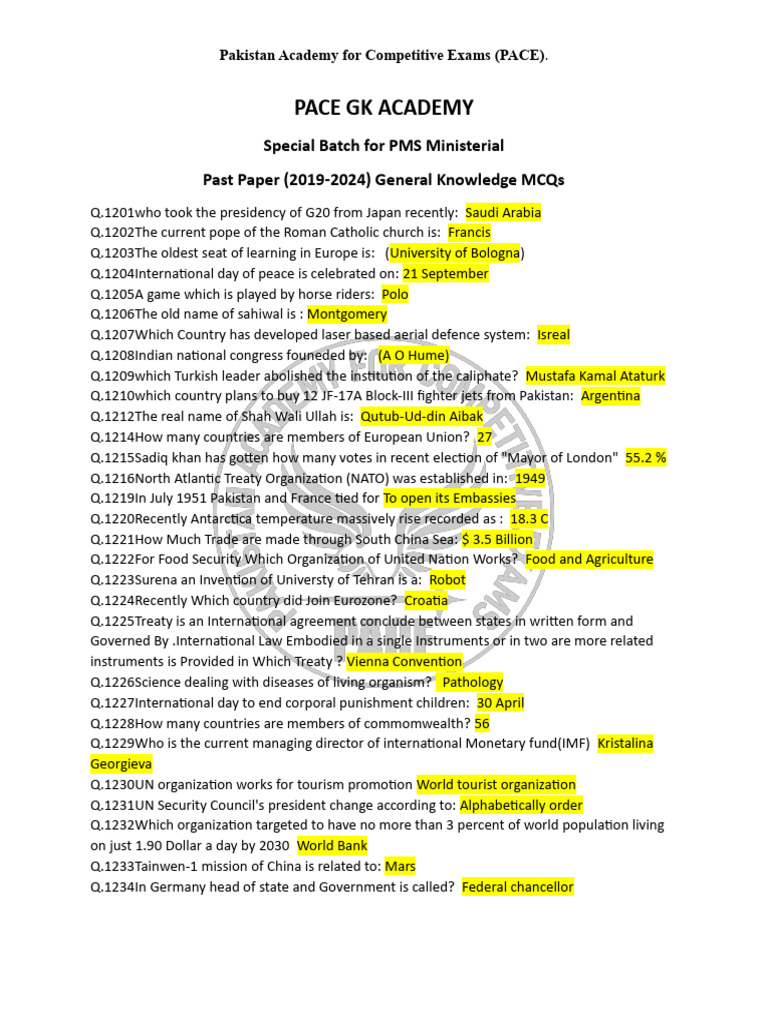 2100-2400 General Knowledge Mcqs (PACE GK ACADEMY) | PDF | Pakistan | Afghanistan