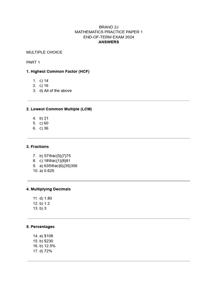 Answers For Maths Paper 1 End of Term Exam 2024 2J | PDF