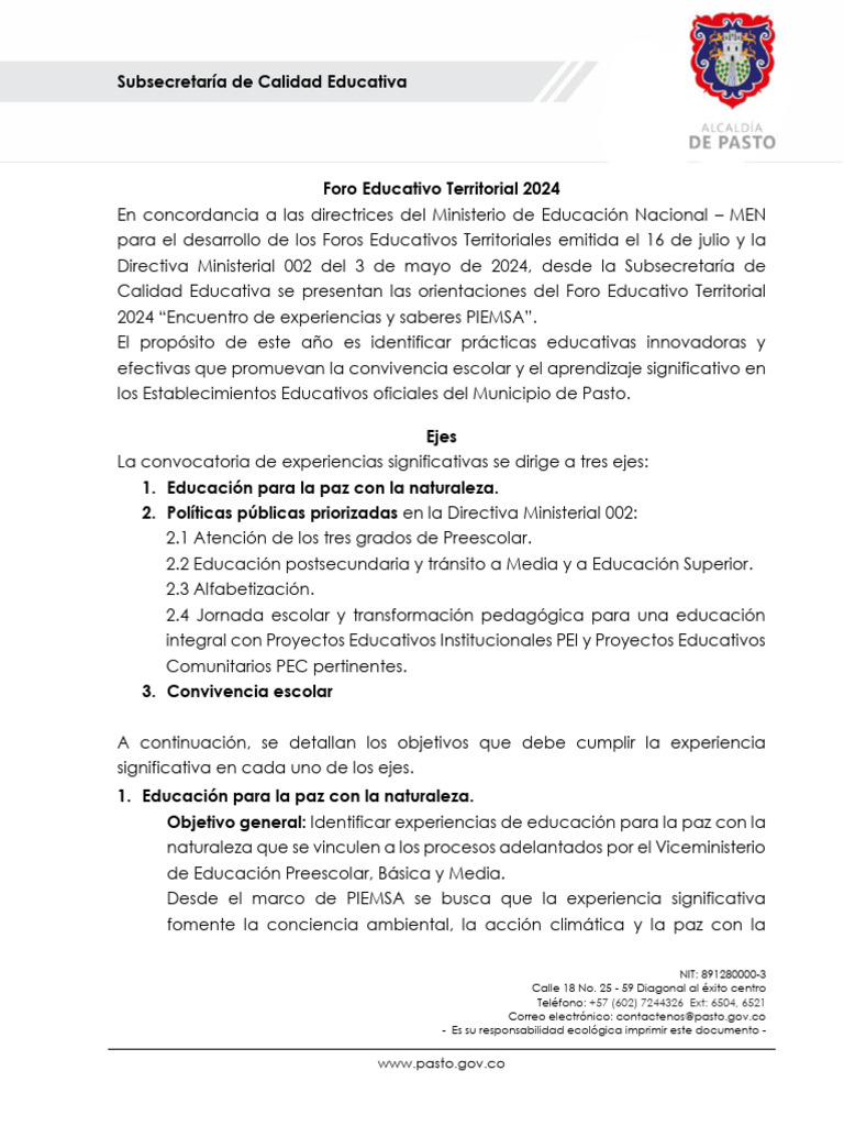 Foro Educativo Territorial 2024: Innovación y Convivencia Escolar en Pasto | PDF | Educación de ...