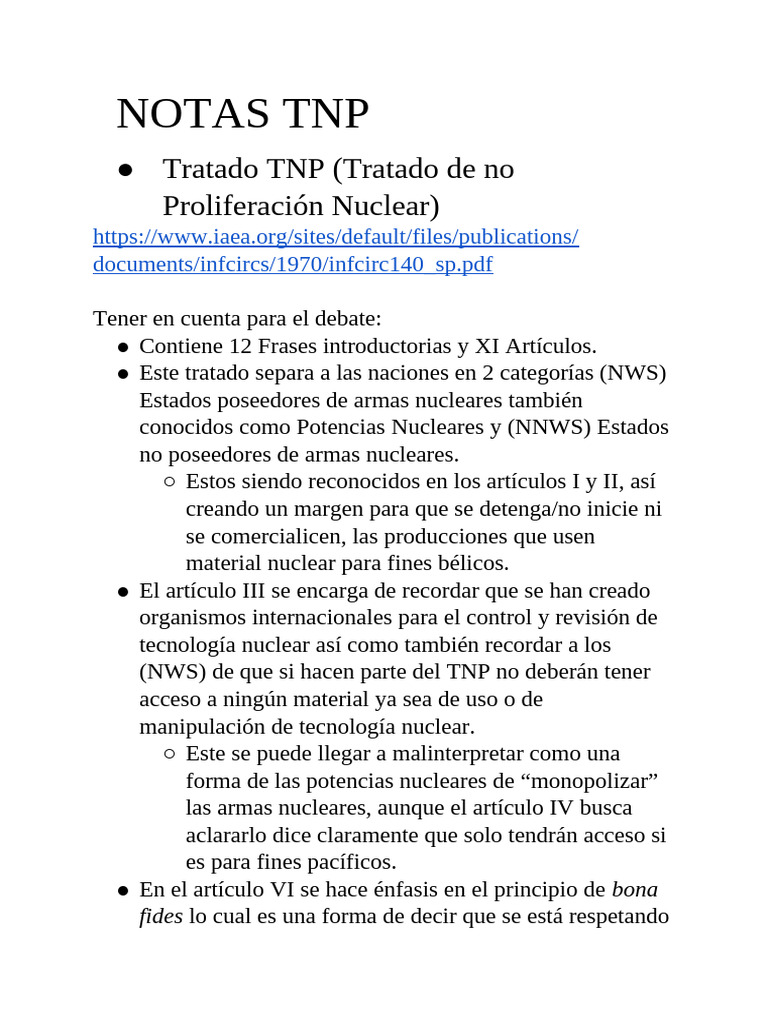 NOTAS TNP | PDF | Tratado sobre la no proliferación de las armas nucleares | Política de defensa
