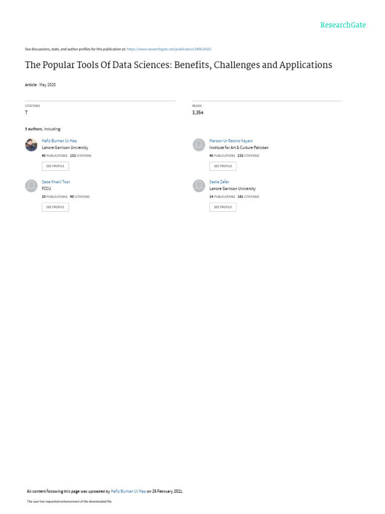 The Popular Tools of Data Sciences Benefits Challengesand 1 | PDF | Data Science | Apache Hadoop