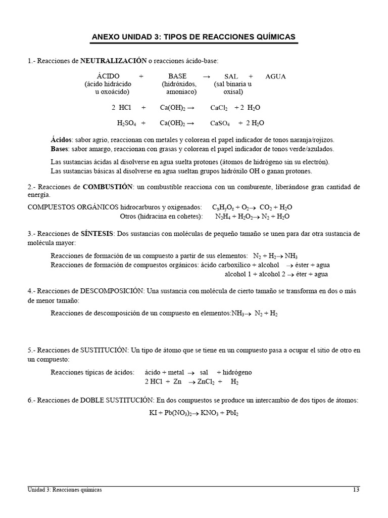 Anexo Unidad 3 Tipos de Reacciones Químicas | PDF | Ácido | Redox