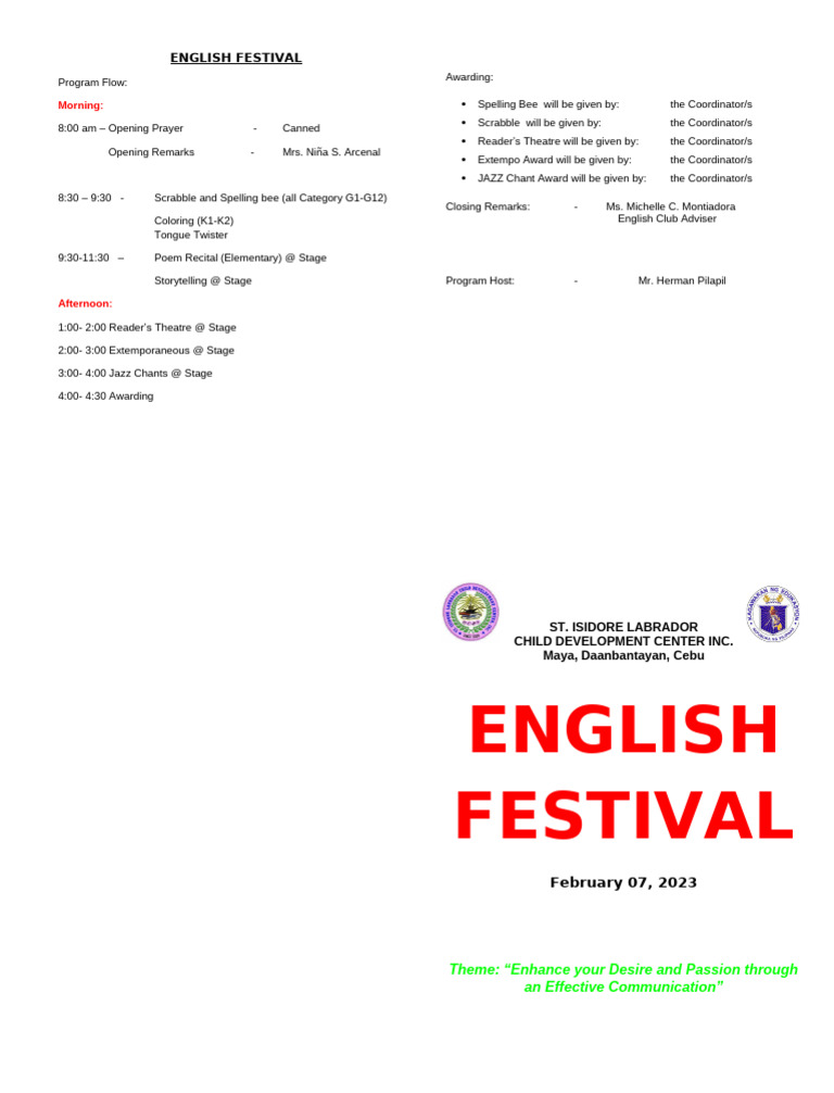 English Festival Program Schedule | PDF