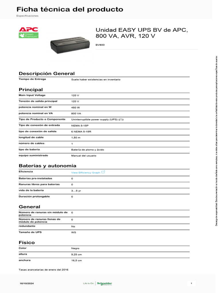 Schneider Electric - EasyUPS - BV800 | PDF | Metrología | Cantidad