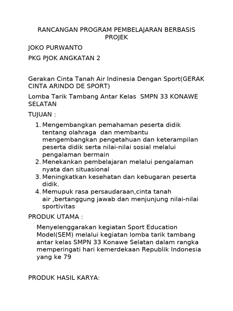 Rancangan Program Pembelajaran Berbasis Projek Joko | PDF