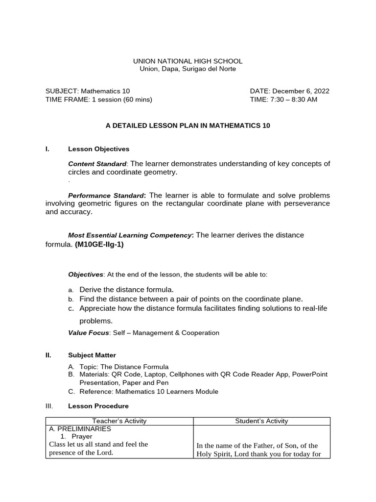 THE DISTANCE FORMULA LESSON PLAN | PDF | Learning | Mathematics