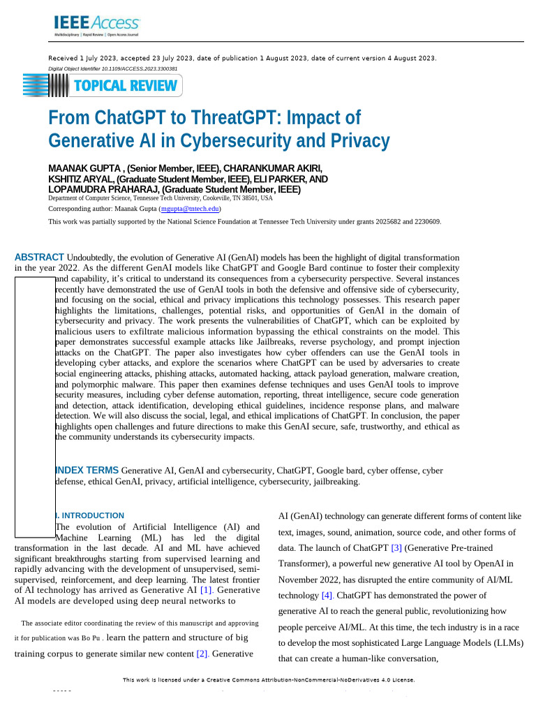 From Chatgpt To Threatgpt Impact Of Generative Ai In Cybersecurity And Privacy Compressed Pdf