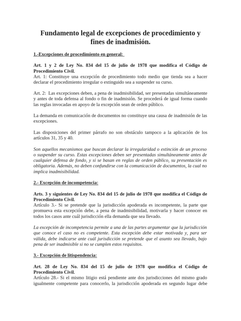 Fundamento Legal de Excepciones de Procedimiento y Fines de Inadmisión ...