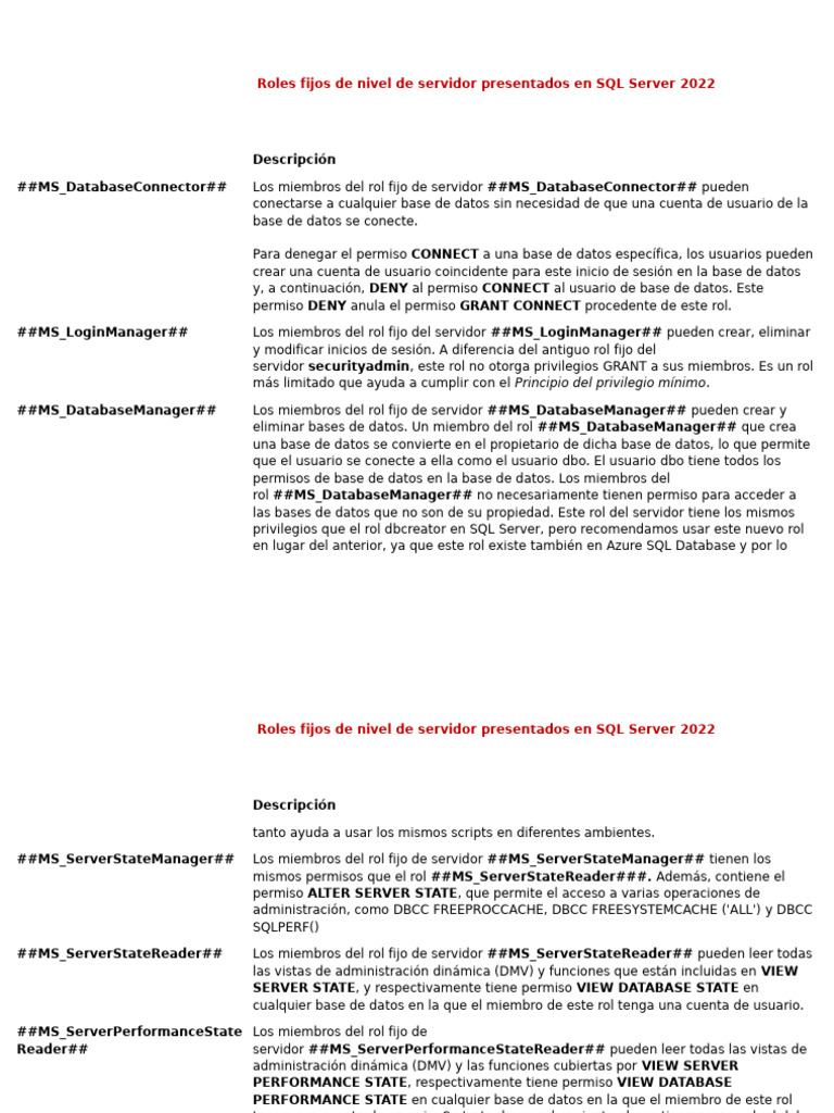 Roles Fijos de Nivel de Servidor Presentados en SQL Server | PDF | Servidor SQL de Microsoft ...