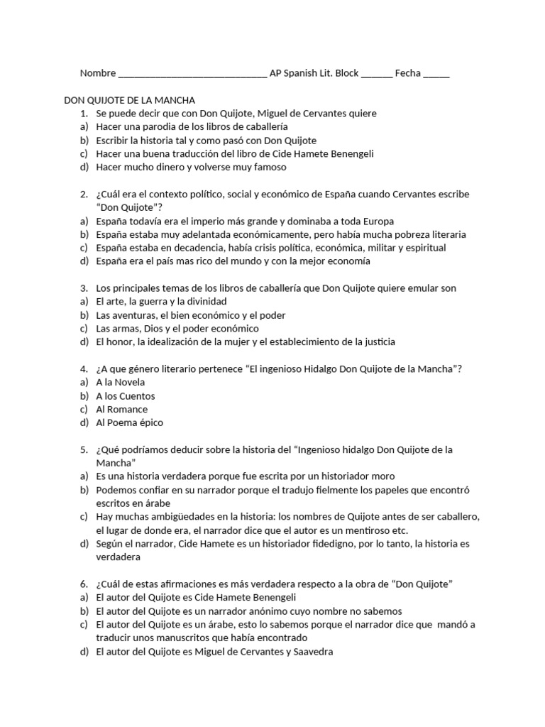 Test (Don Quijote de La Mancha) | PDF | Don Quijote | Miguel De Cervantes
