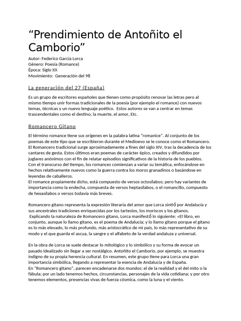 Análisis de "Prendimiento de Antoñito"] | PDF | Federico García Lorca ...