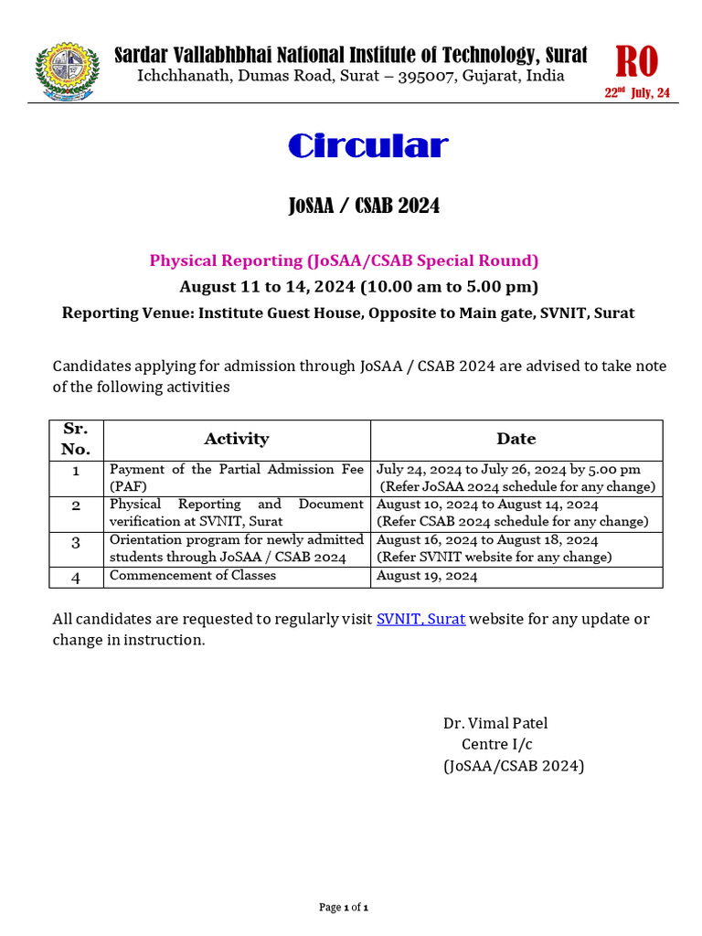 JoSAA CSAB Physical Reporting | PDF