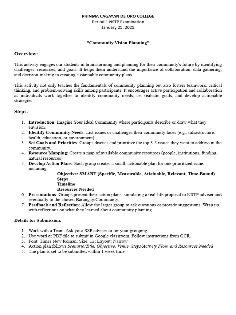 P1 NSTP EXAM - Community Vision Plan | PDF | Goal | Cognition