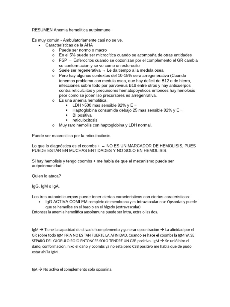 RESUMEN Anemia Hemolítica Autoinmune | PDF | Sistema complementario | Especialidades Medicas