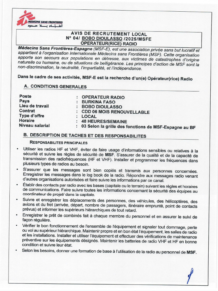 Avis Recrutement Opérateur Radio BOBO | PDF