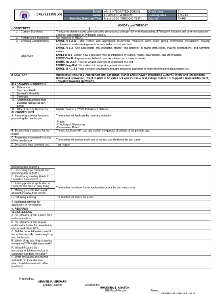 Grade 7 English Lesson Plan | PDF | Learning | Teachers