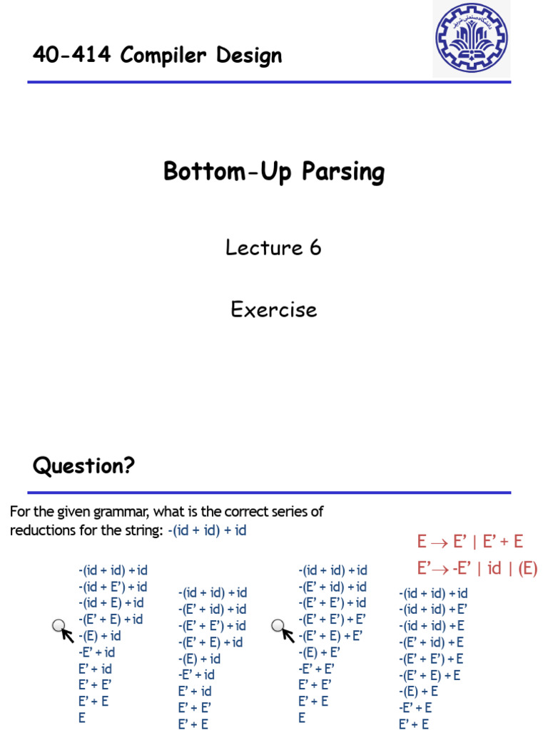 6 - Lecture06 - Bottom-Up Parsingg, Exercise | PDF | Formalism (Deductive) | Grammar