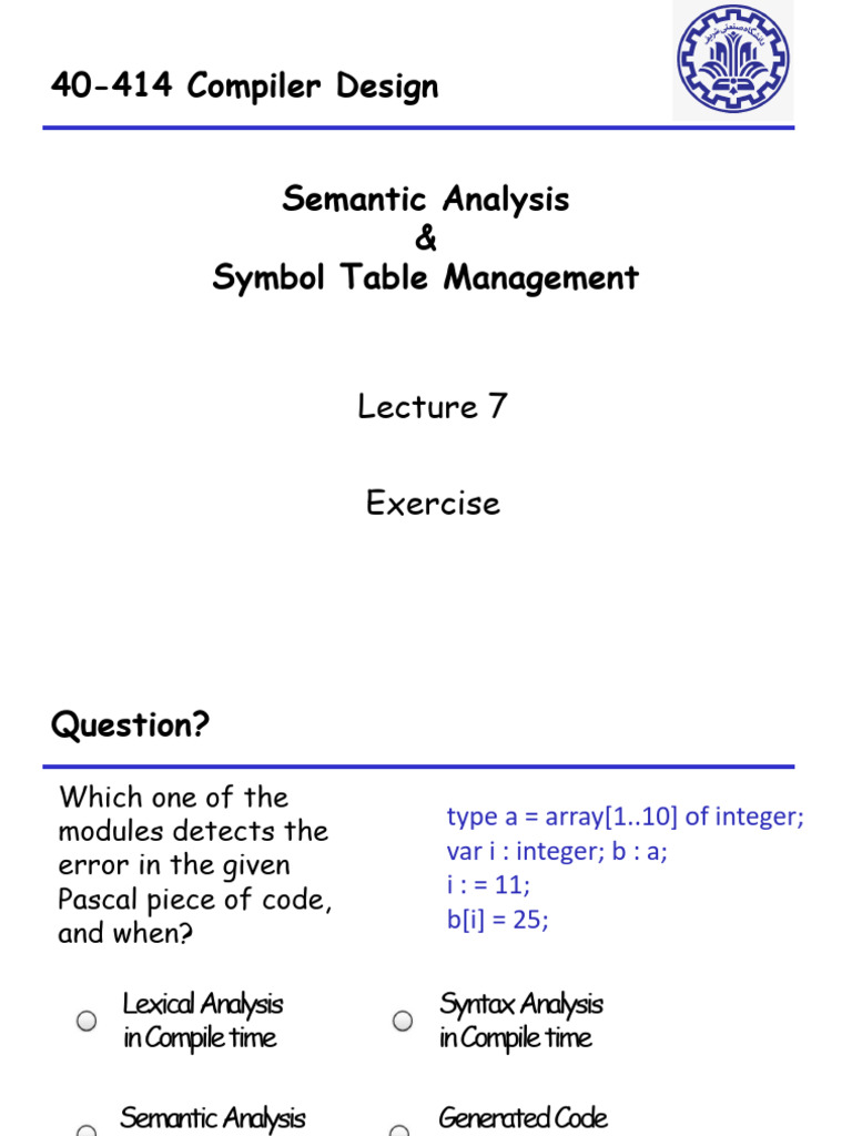 7 - Lecture07 - Semantic Analysis, Exercise | PDF | Compiler | Computer Engineering
