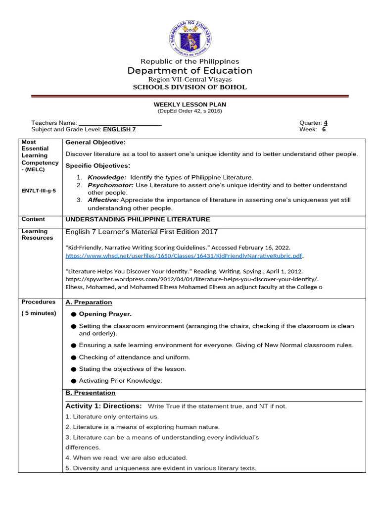 Bohol English 7 PLP Q4 Week 6 | PDF | Poetry | Narrative