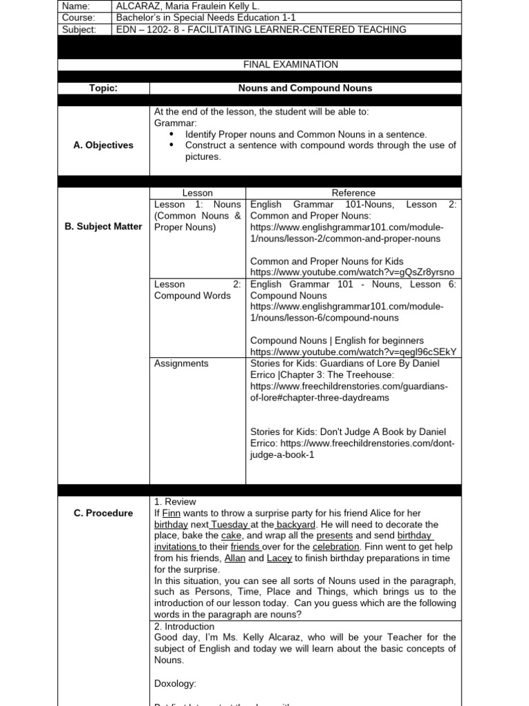Detailed Lesson Plan | PDF | Noun | Linguistic Typology