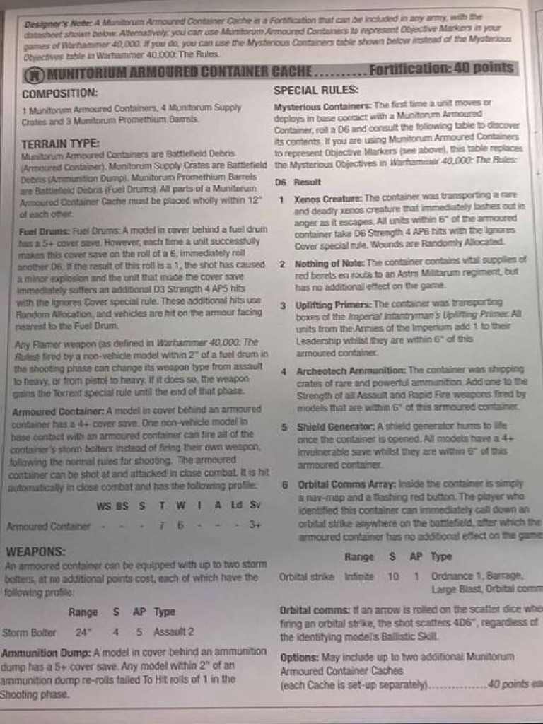 Warhammer 40k - Army List - Datasheet - Munitorum Armoured Containers ...