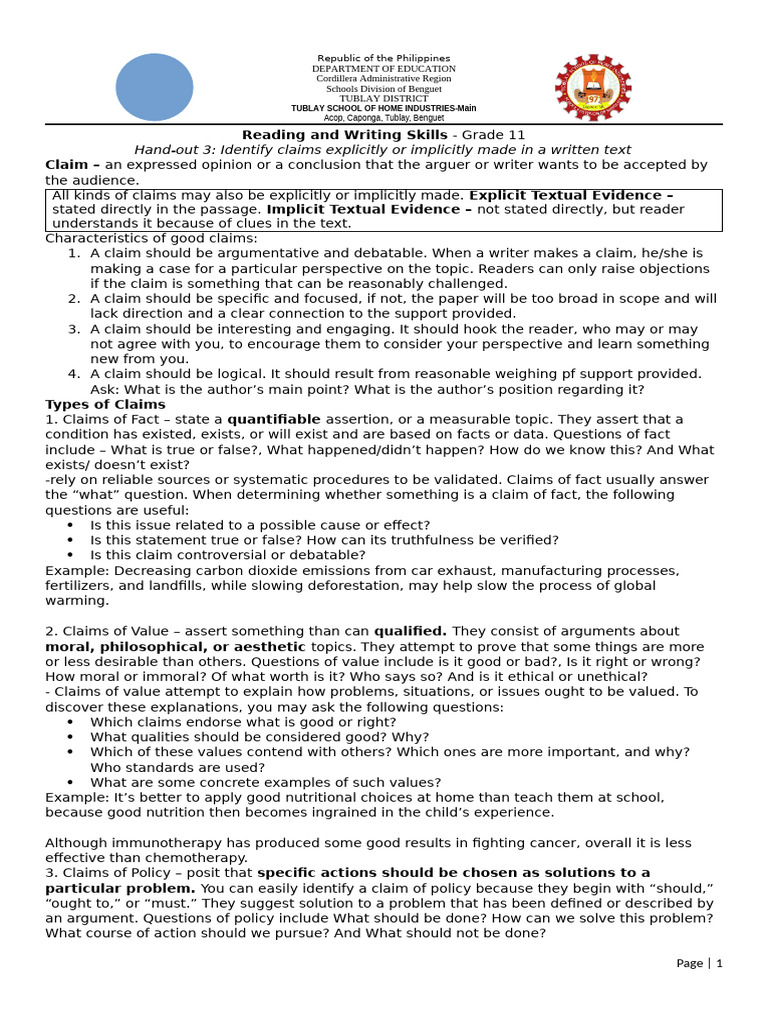 Handout 3 and 4 Identify Claims Explicitly or Implicitly Made in A ...