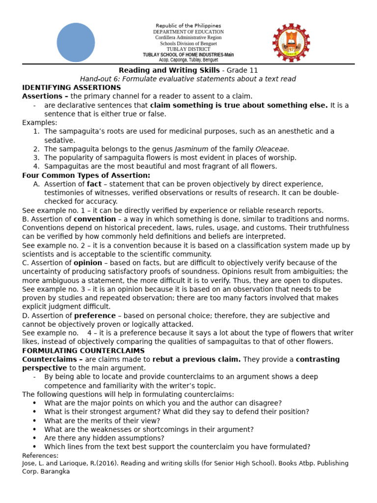 Handout 6 Formulate Evaluative Statements About a Text Read | PDF | Epistemology | Logic