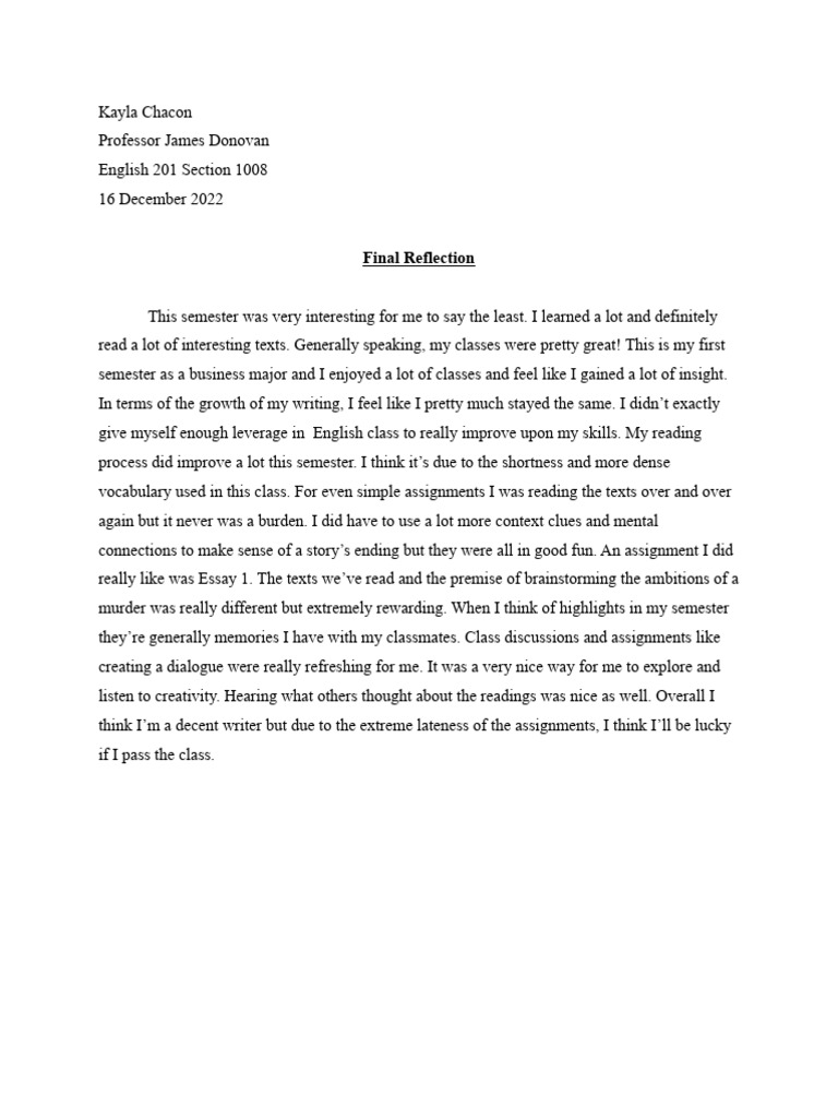 Final Reflection on English 201 Experience | PDF