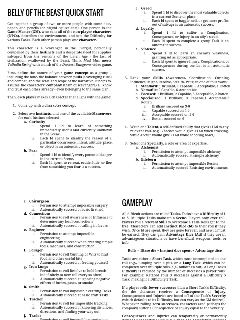 Belly of the Beast RPG Quick Start Guide | PDF