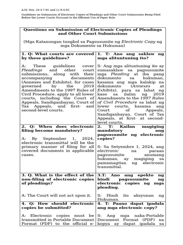 Questions On Submission of Electronic Copies of Pleadings and Other ...