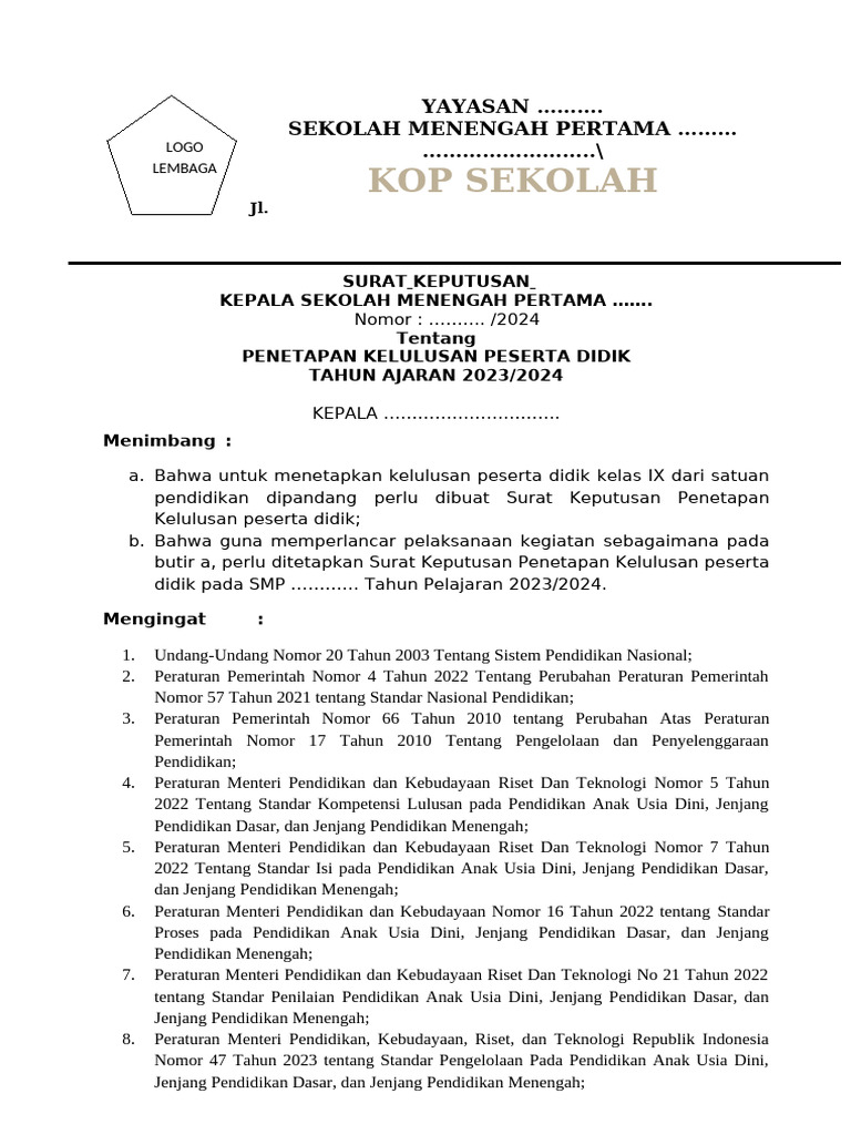 Contoh SK - Penetapan Kelulusan 2024 | PDF
