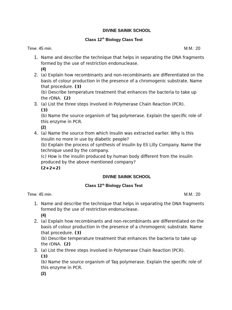 BIOLOGY CLASS TEST 12 | PDF